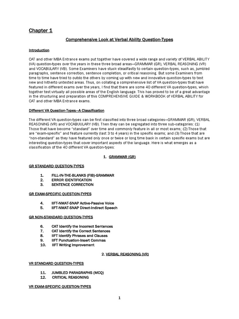 Comprehensive List of Verbal Ability Question-Types | Download Free PDF ...