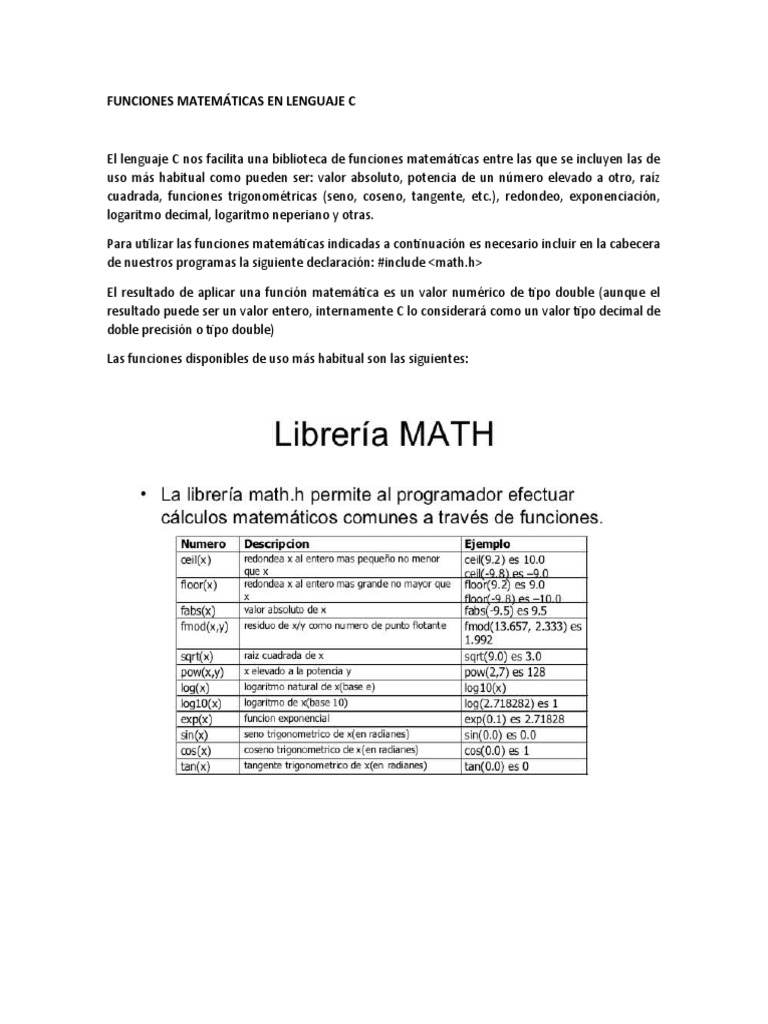 Funciones Matemáticas en Lenguaje C | PDF | Funciones trigonométricas | Pi