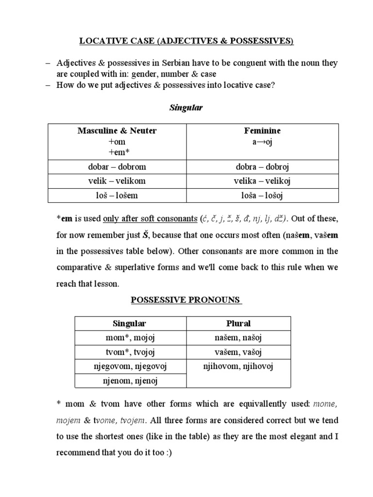 Locative Case (Adjectives & Possessives) : Singular | PDF
