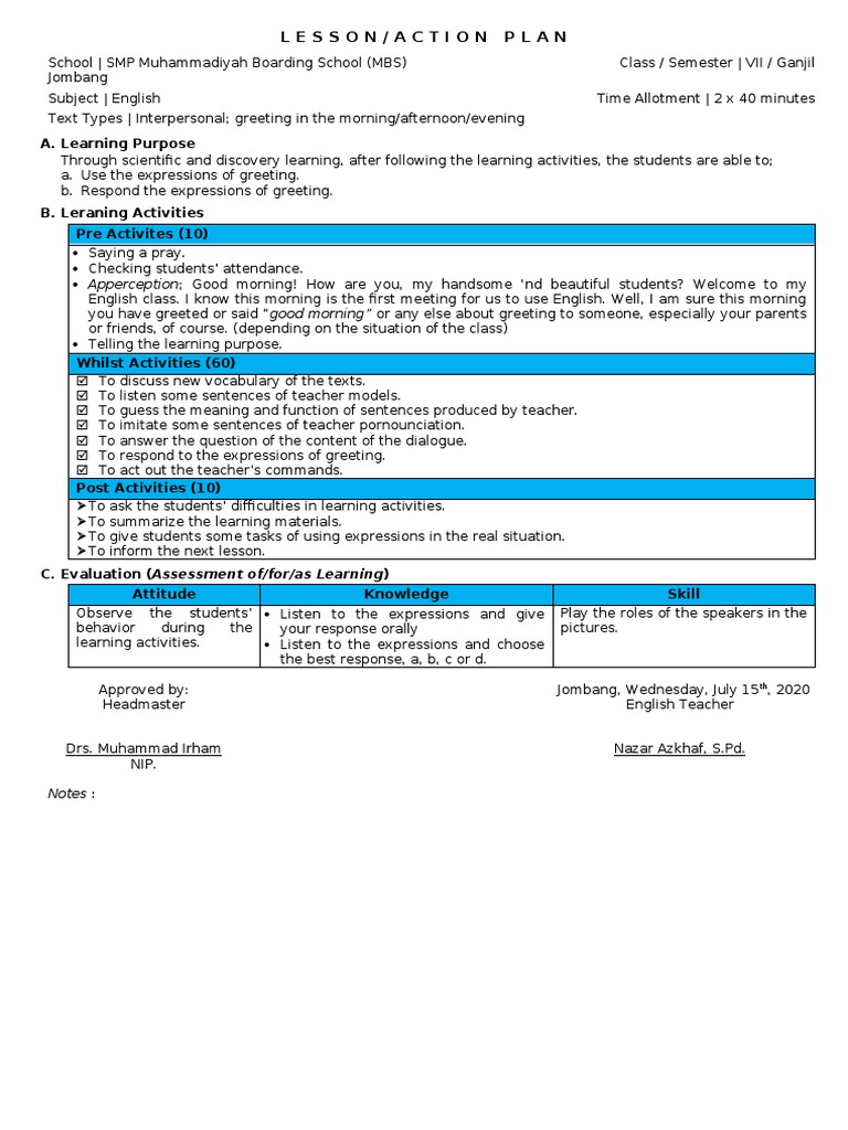 Lesson/Action Plan: A. Learning Purpose | PDF | English Language | Learning