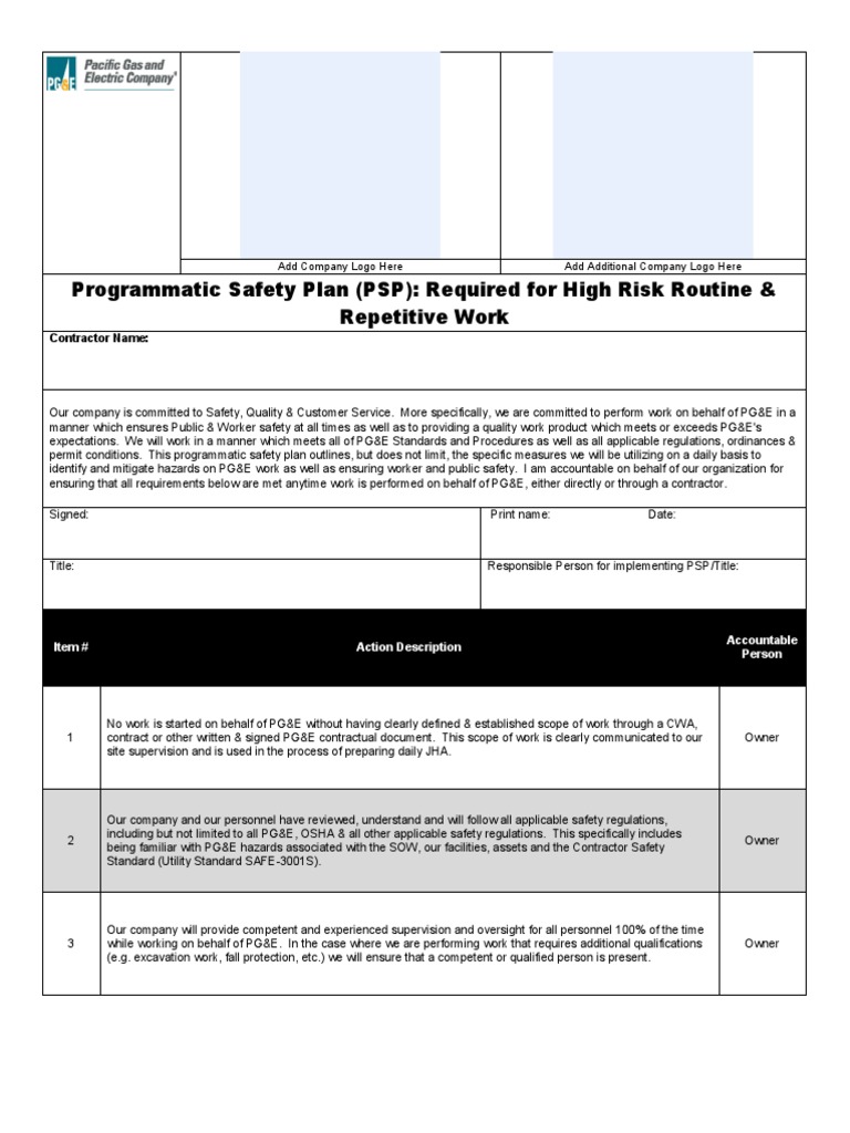 Programmatic Safety Plan (PSP) : Required For High Risk Routine ...
