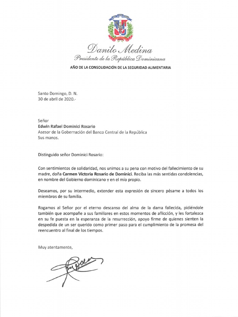 Carta de Condolencias Del Presidente Danilo Medina A Edwin Rafael ...