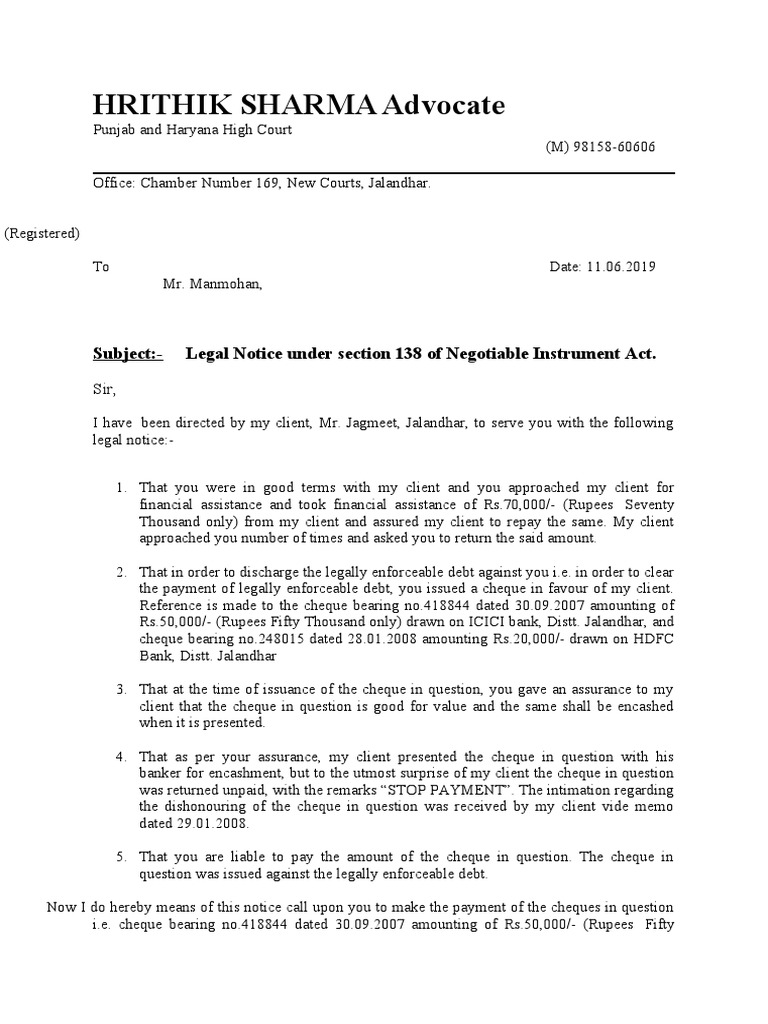 Hrithik Sharma Advocate: Subject:-Legal Notice Under Section 138 of ...