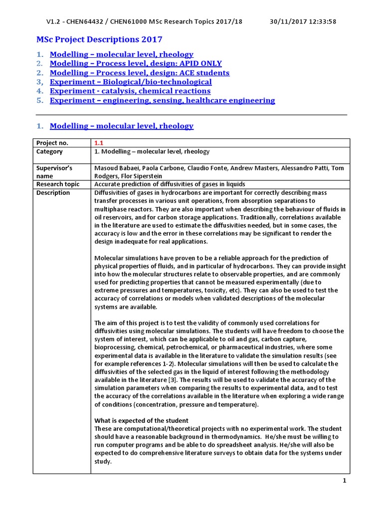 MSc Research Topics in Chemical Engineering | PDF | Mathematical ...