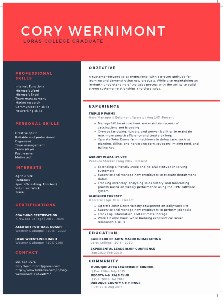 Cory Wernimont Resume Update | PDF | Cognition | Agriculture