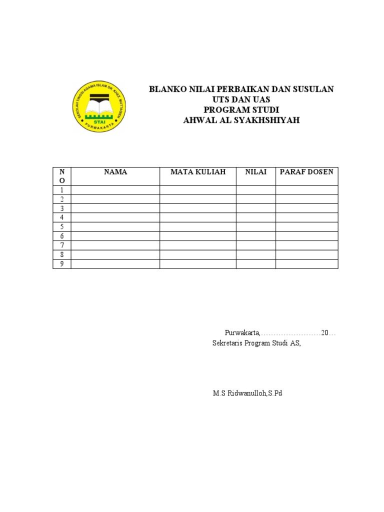 Blanko Nilai Perbaikan Dan Susulan | PDF