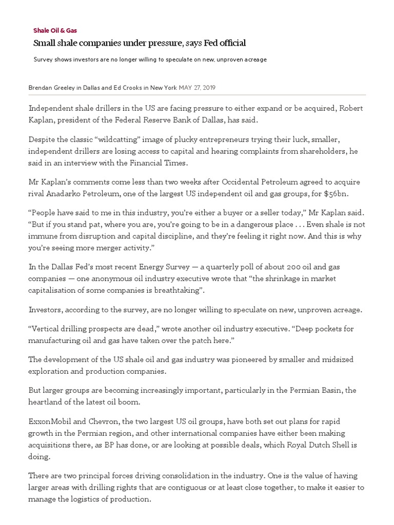 Small Shale Companies Under Pressure, Says Fed Official - Financial ...