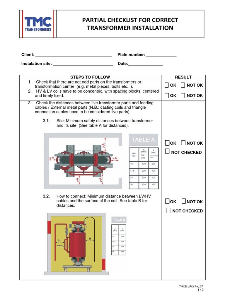 Installation Checklist - EN | PDF | Transformer | Screw