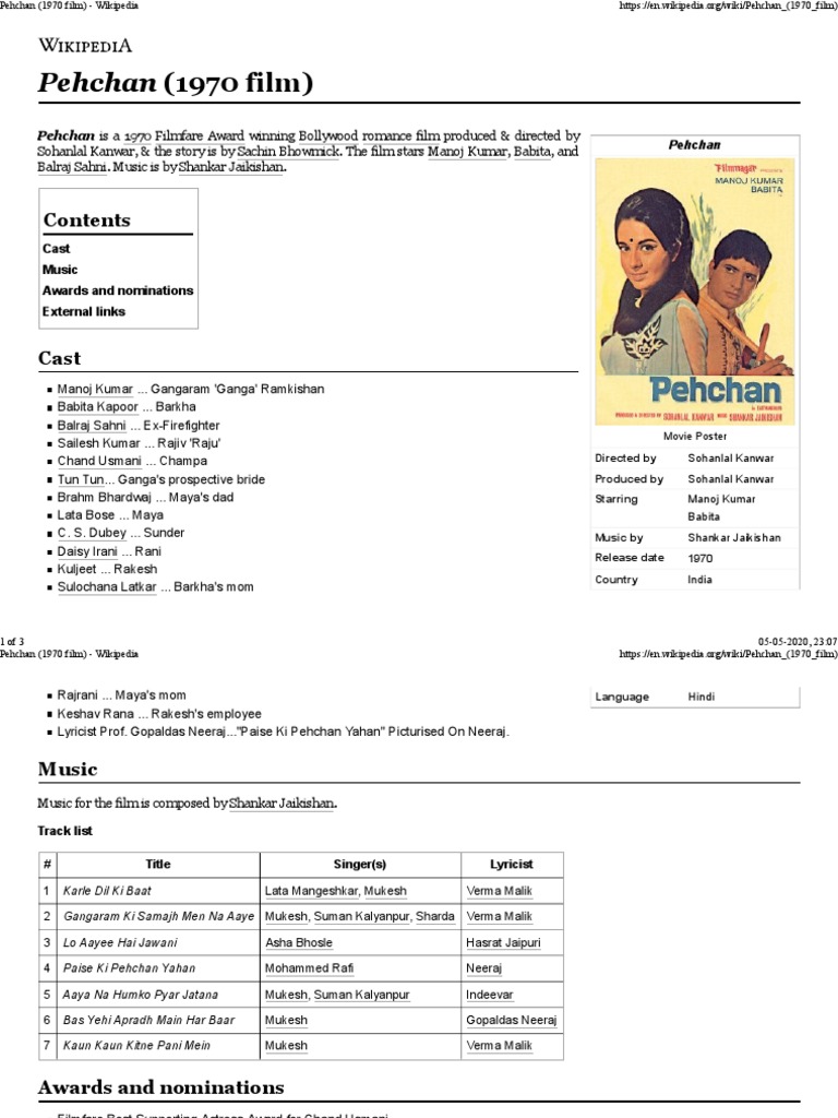 Pehchan (1970 Film) | PDF | Bollywood | Cinema Of India
