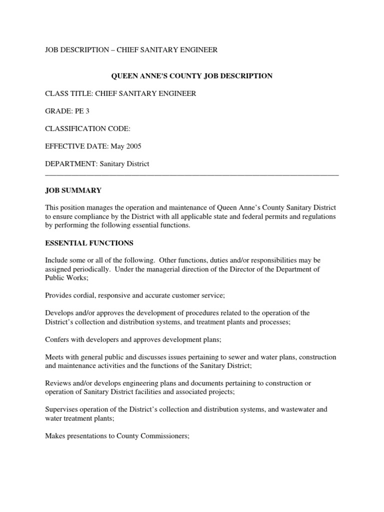 Chief Sanitary Engineer | PDF | Sanitation | Engineer