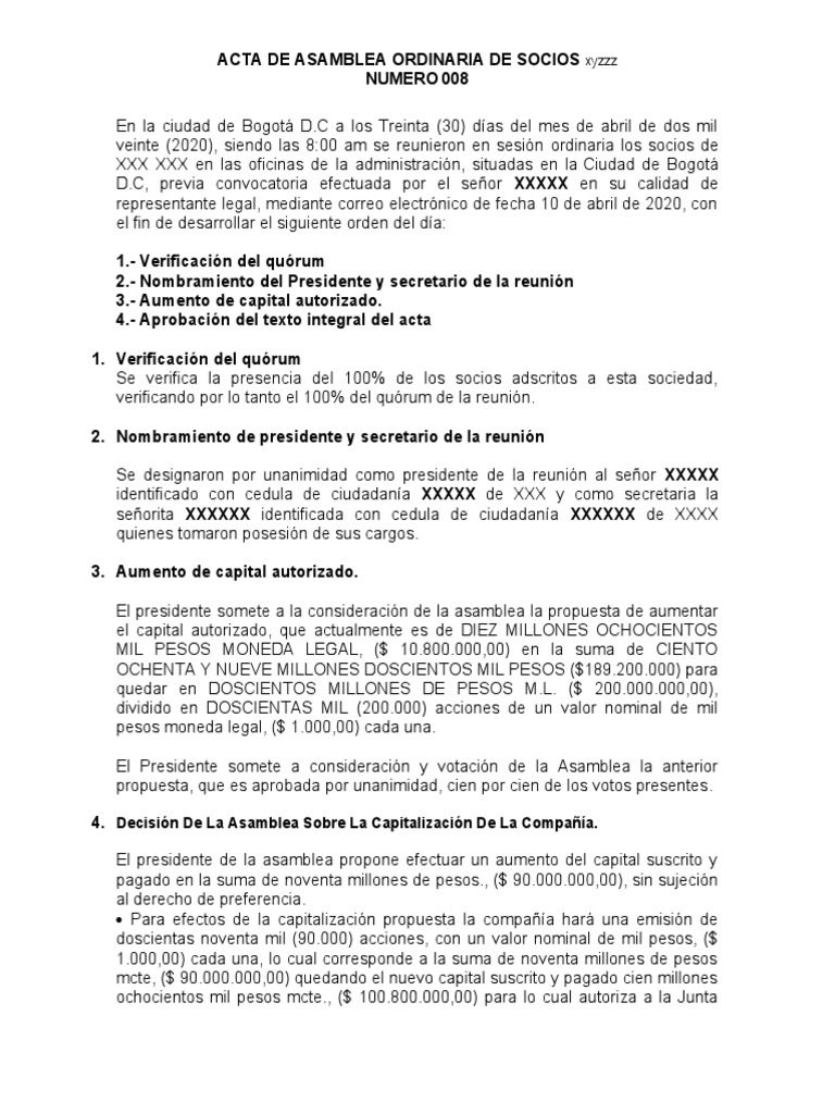 Acta 008 de AUMENTO DE CAPITAL | PDF | Gobierno | Elecciones