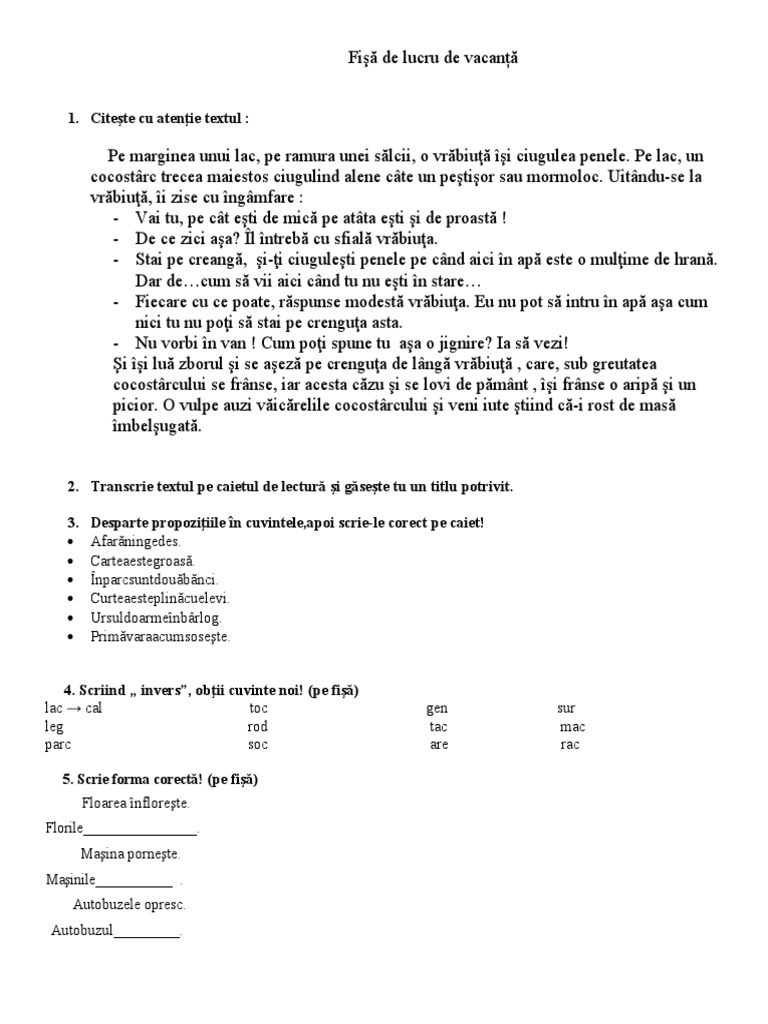Fisa de Lucru de Vacanta CLR | PDF