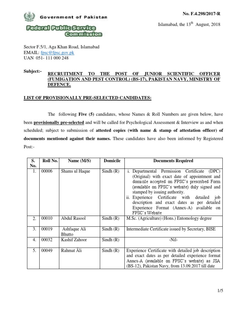 FPSC@FPSC - Gov.pk: S. No. Roll No. Name (M/S) Domicile Documents ...