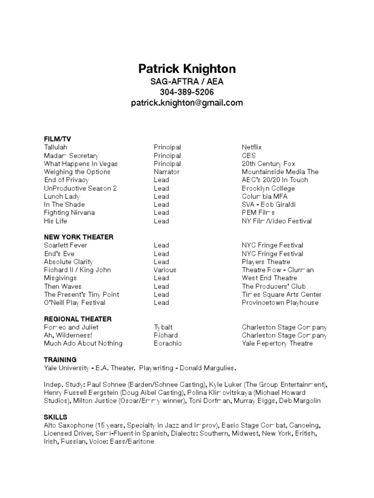 Patrick Knighton Resume 1 | PDF | Entertainment | Theatre
