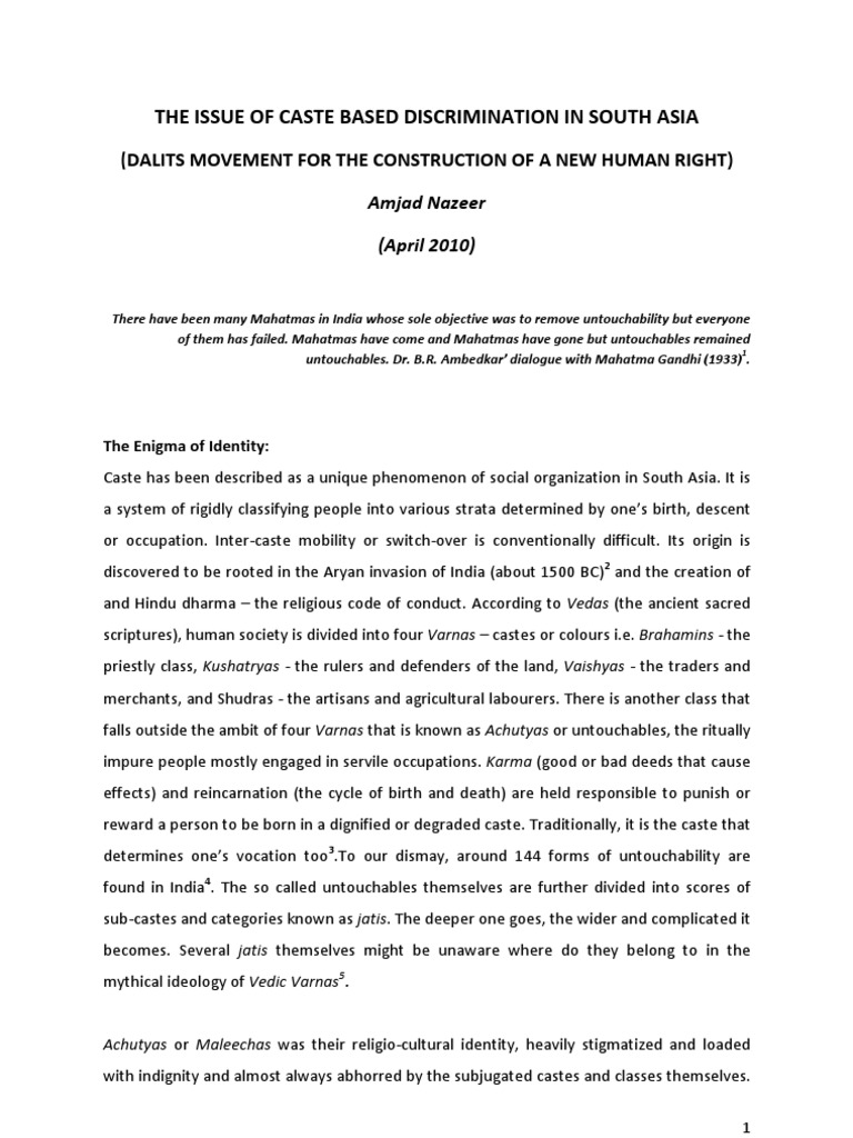 THE ISSUE OF CASTE BASED DISCRIMINATION IN SOUTH ASIA (DALITS MOVEMENT ...