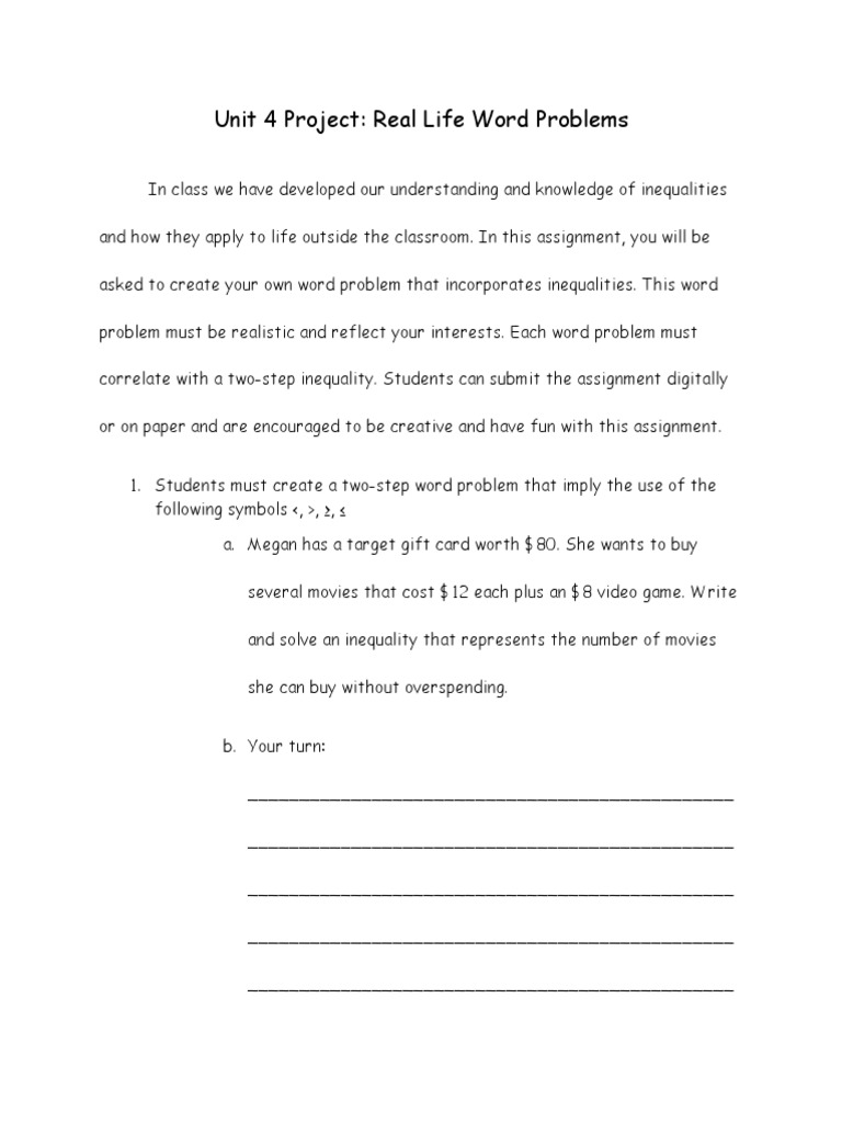 Unit 4 Project: Real Life Word Problems | PDF | Inequality (Mathematics ...