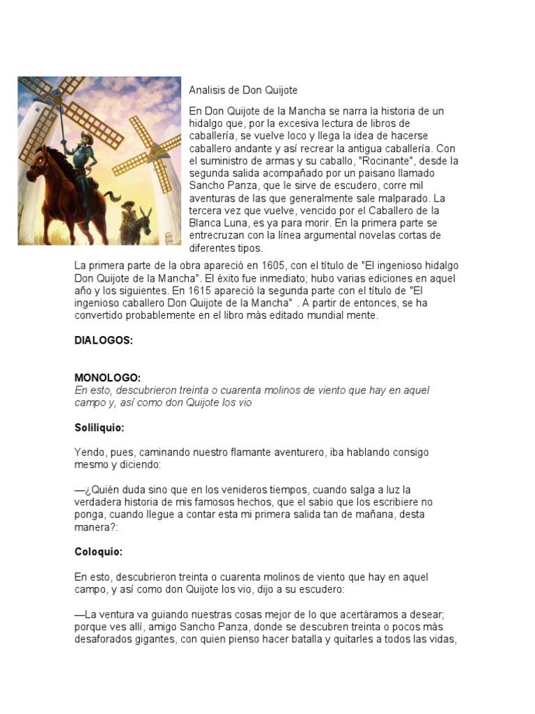 Análisis de La Obra de Don Quijote de La Mancha | PDF | Don Quijote ...