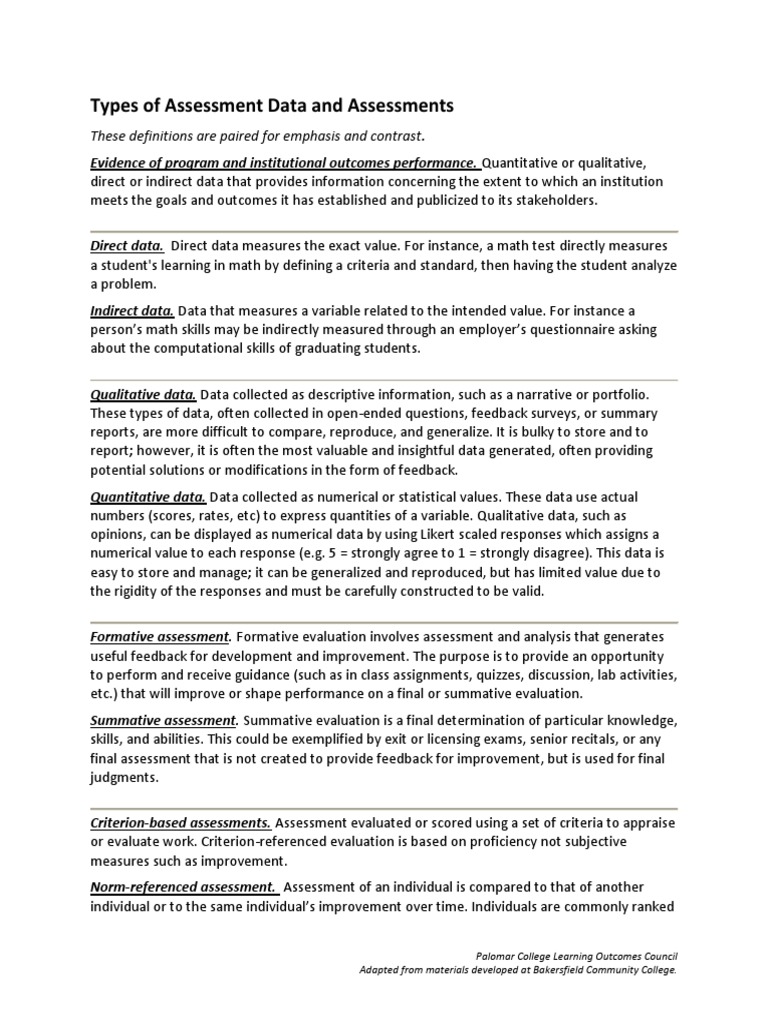 Types of Assessment Data and Assessments | PDF | Educational Assessment ...