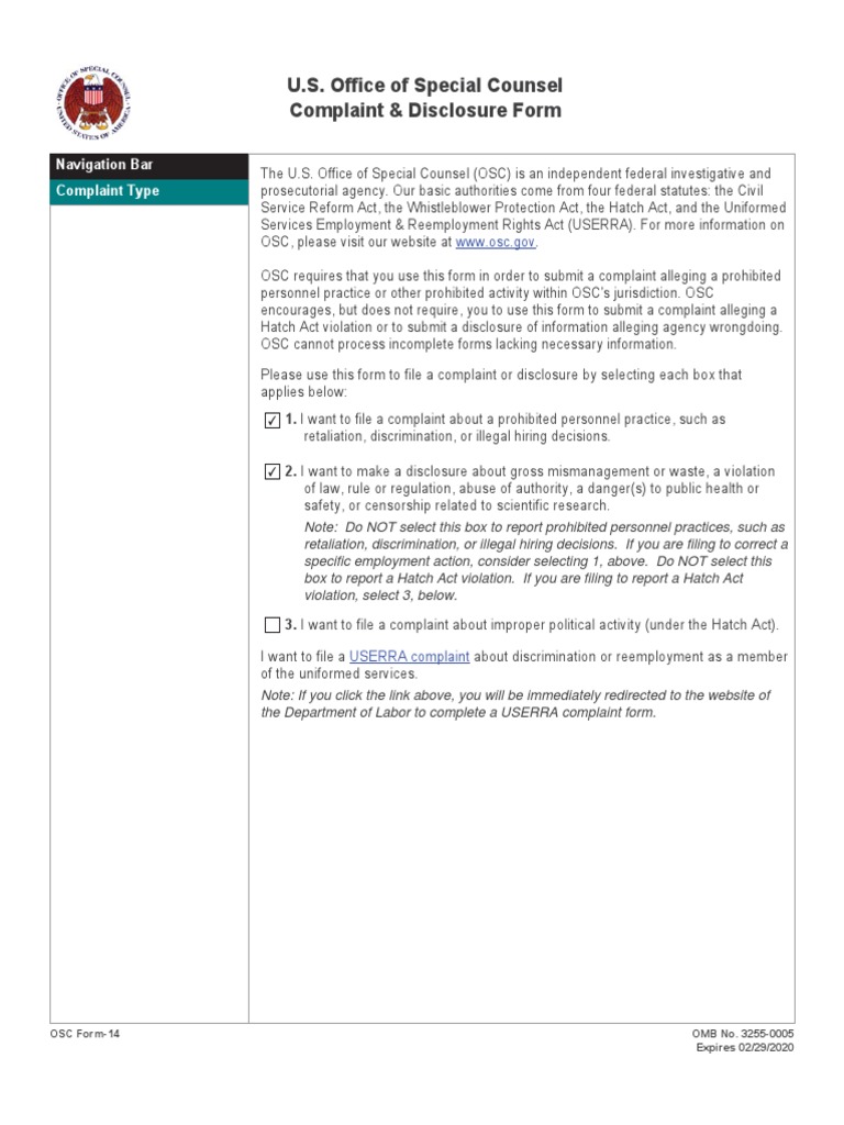OSC Complaint & Disclosure Form | PDF | Federal Government Of The ...