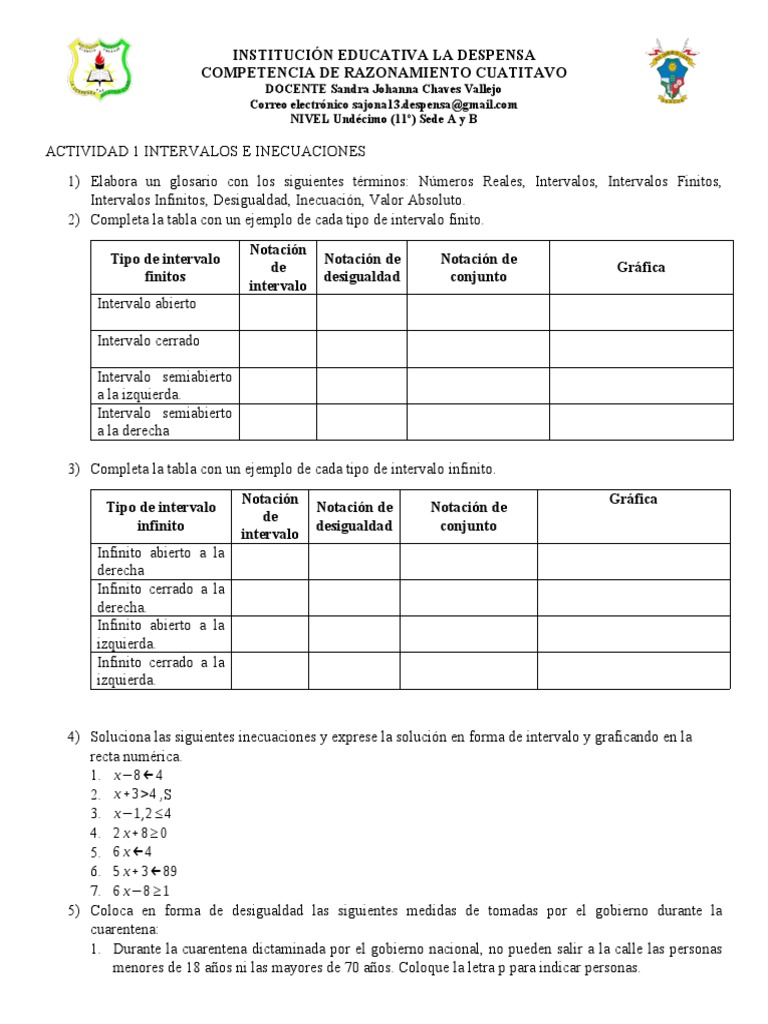 Actividad 1 Intervalos e Inecuaciones | PDF | Intervalo (Matemáticas) | Desigualdad (Matemáticas)