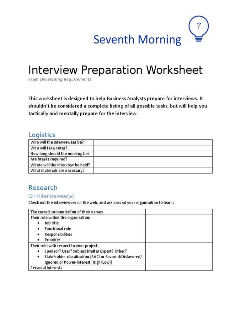 Seventh Morning: Interview Preparation Worksheet | PDF