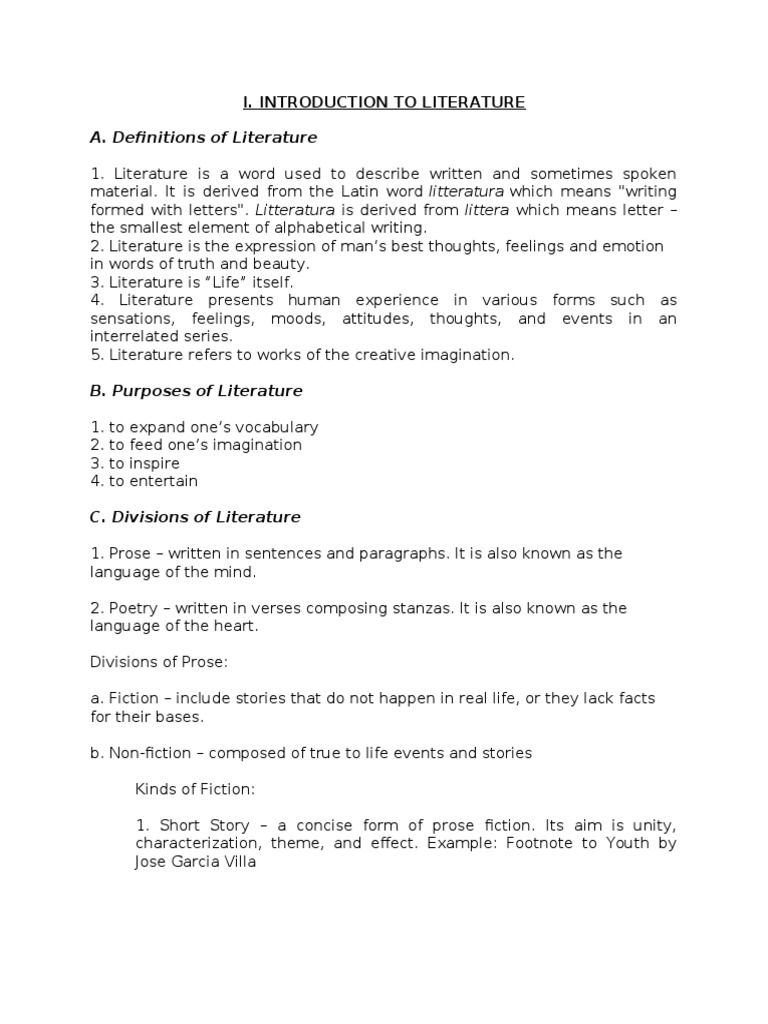 A. Definitions of Literature: I. Introduction To Literature | PDF ...