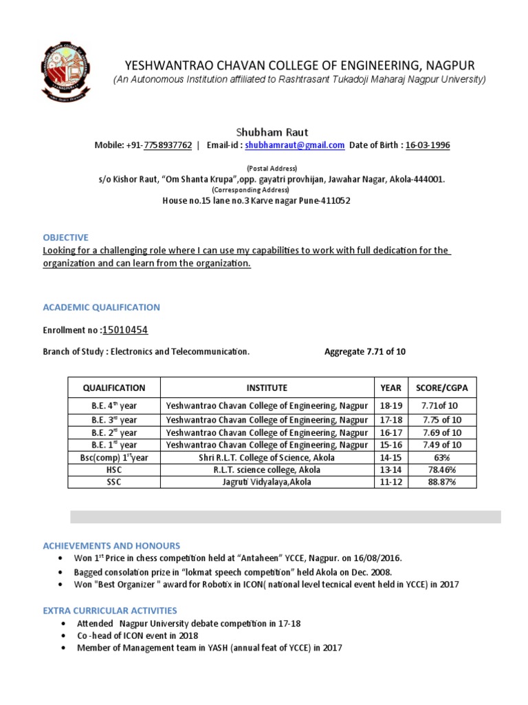 Yeshwantrao Chavan College of Engineering, Nagpur: Shubham Raut | PDF