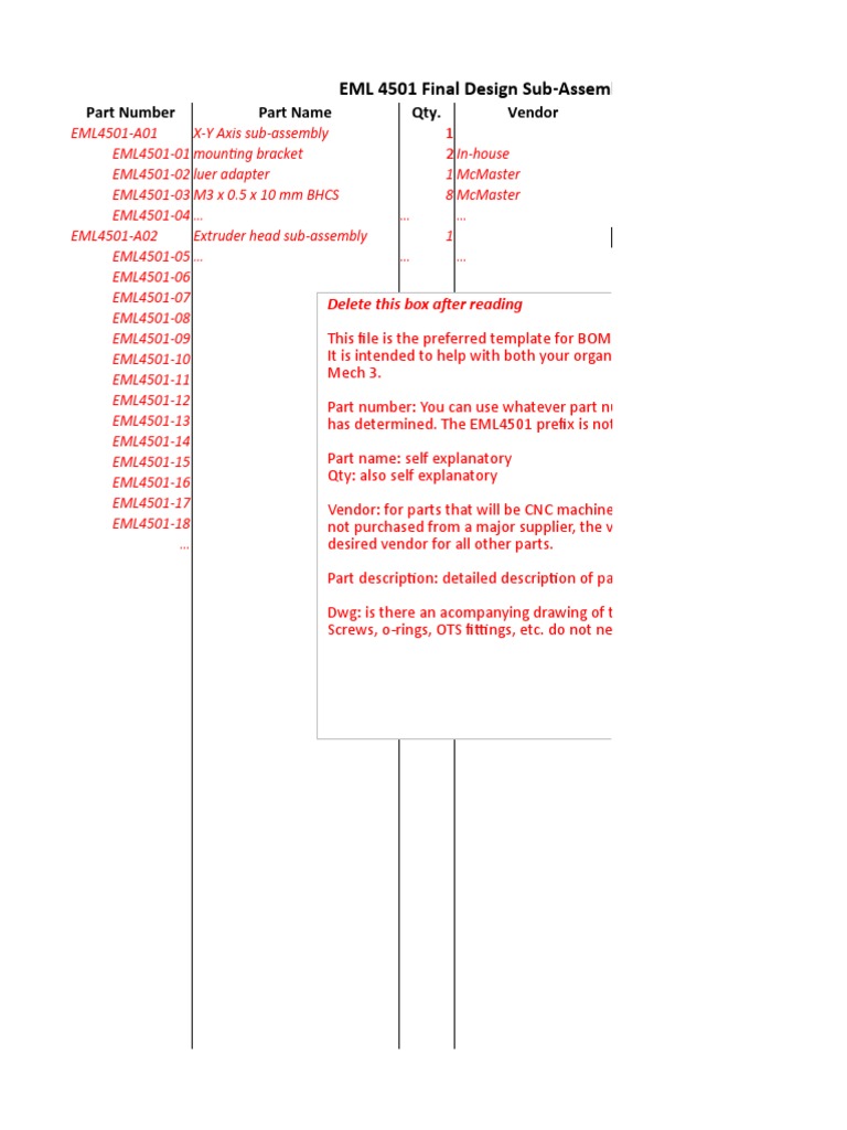 EML 4501 Final Design Sub-Assemlblies and Parts: Part Number Part Name ...