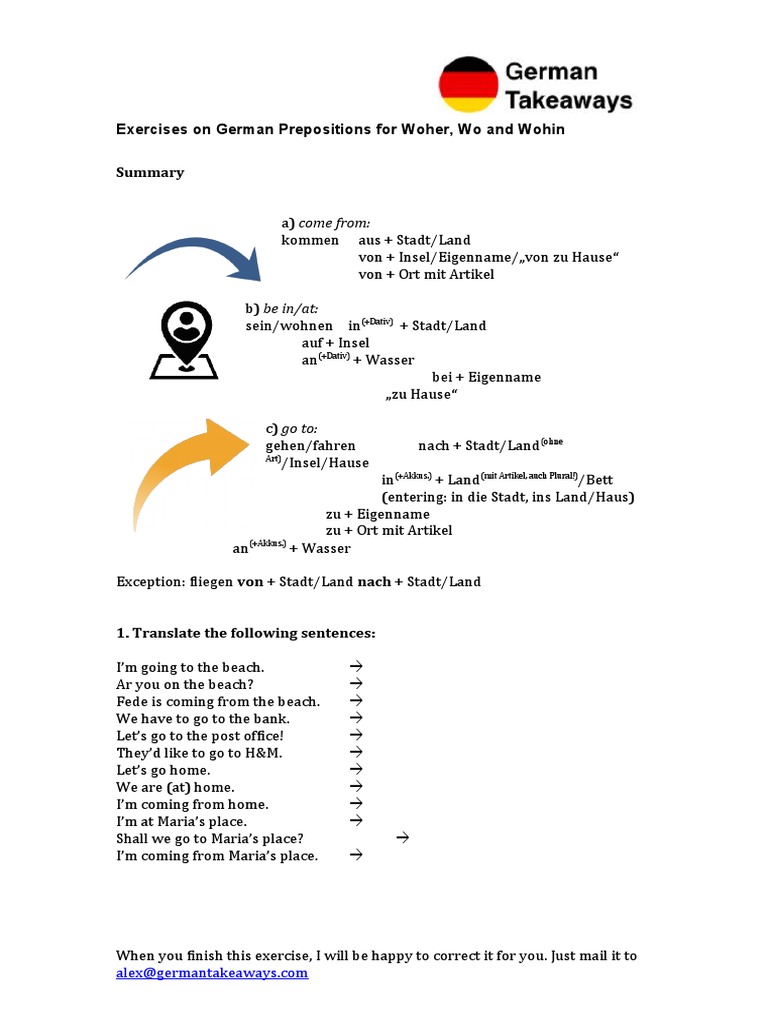 Exercise German Prepositions Woher Wo Wohin | PDF