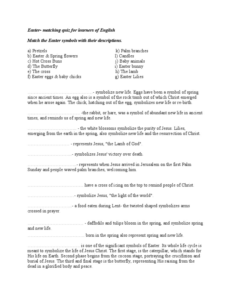 Easter Symbols Matching Quiz | PDF