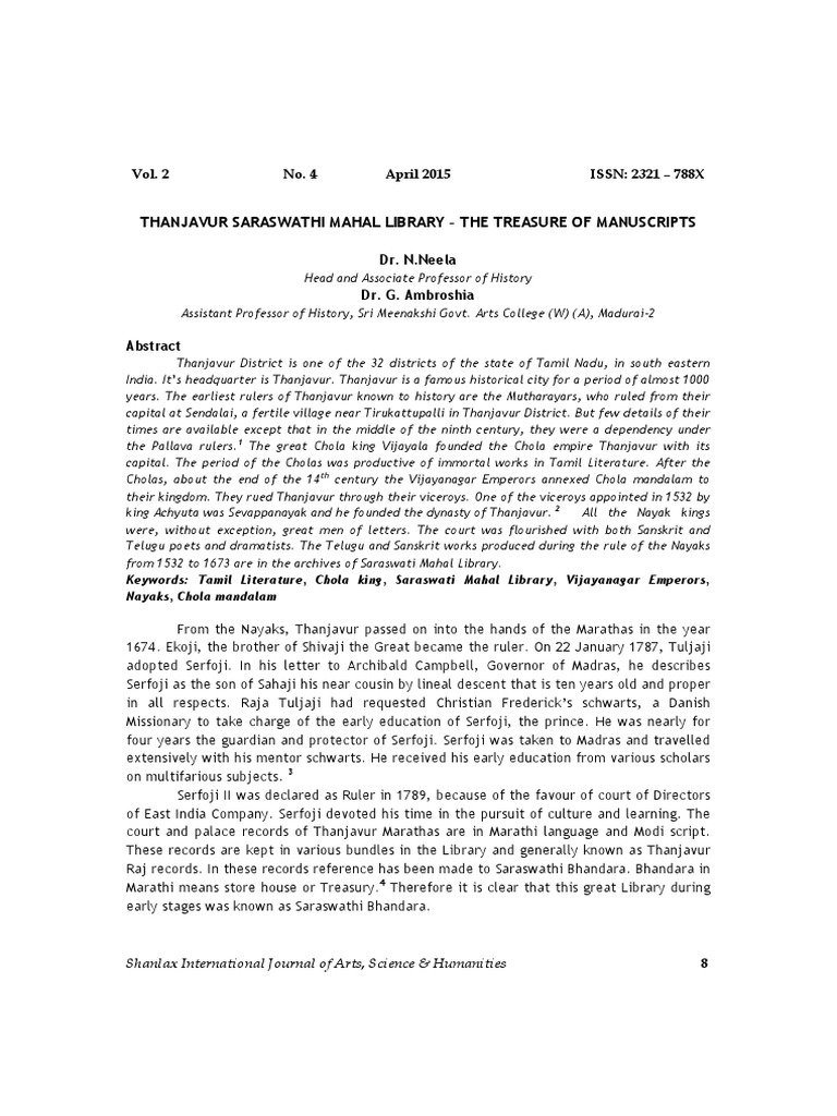 Thanjavur Saraswathi Mahal Library - The Treasure of Manuscripts | PDF ...