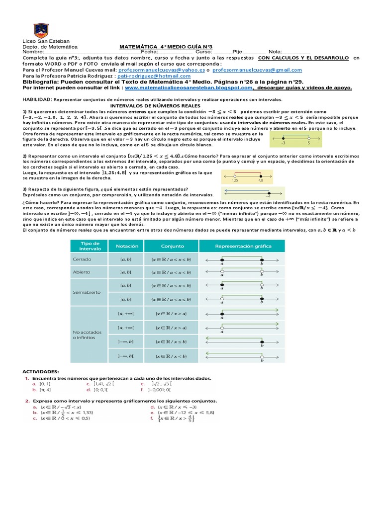 4º MEDIO MATEMÁTICA GUÍA #3 Intervalos PDF | PDF | Intervalo (Matemáticas) | Conjunto (Matemáticas)