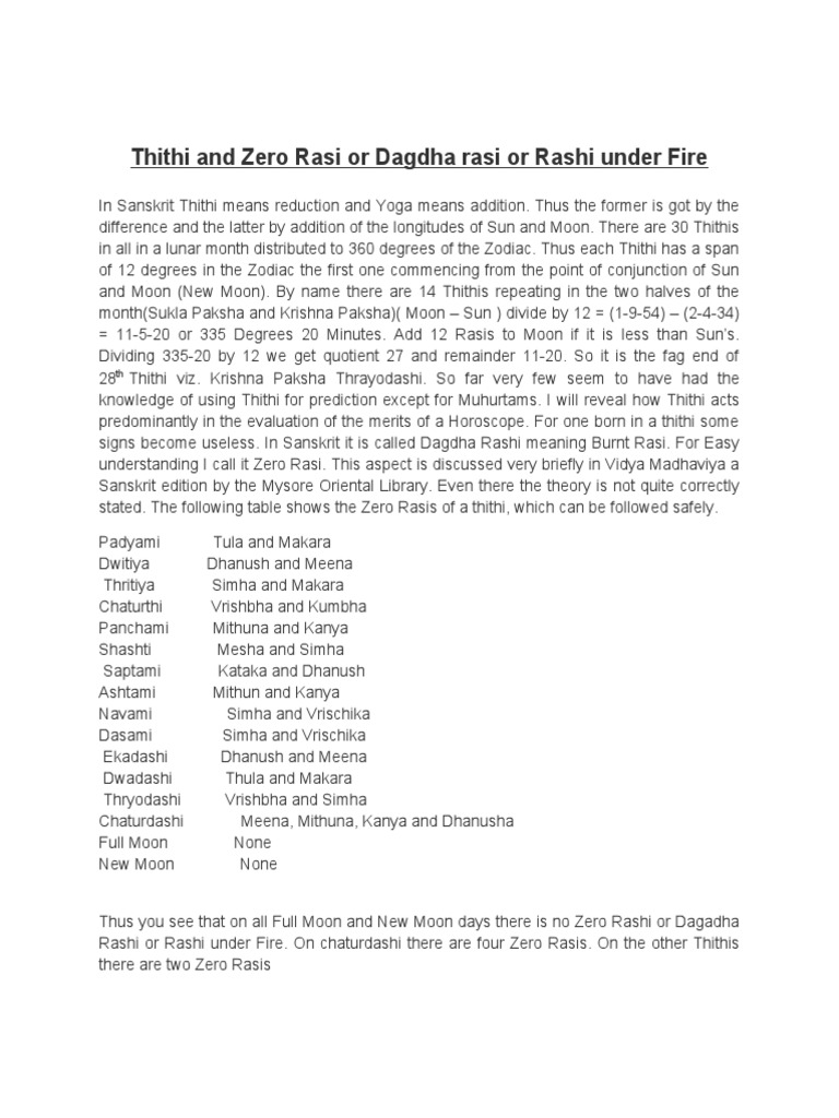 Thithi and Zero Rasi or Dagdha Rasi or Rashi Under Fire | PDF | Hindu ...