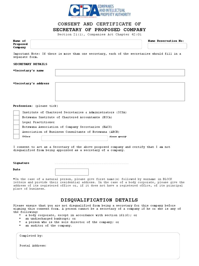 Secretary Consent Form for Company | PDF | Business | Finance & Money ...