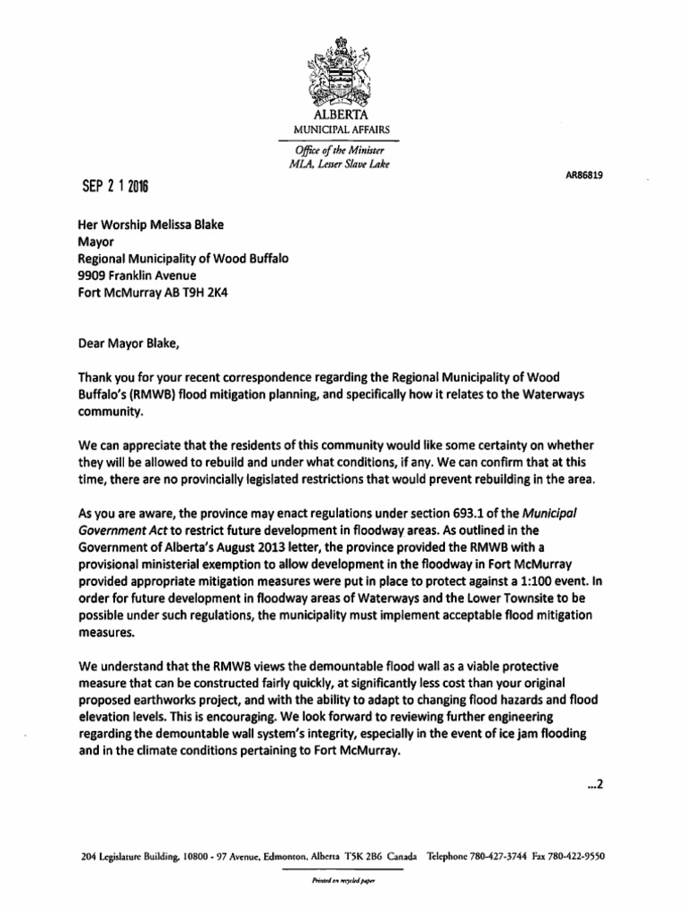 Government of Alberta Letter To Regional Municipality of Wood Buffalo ...