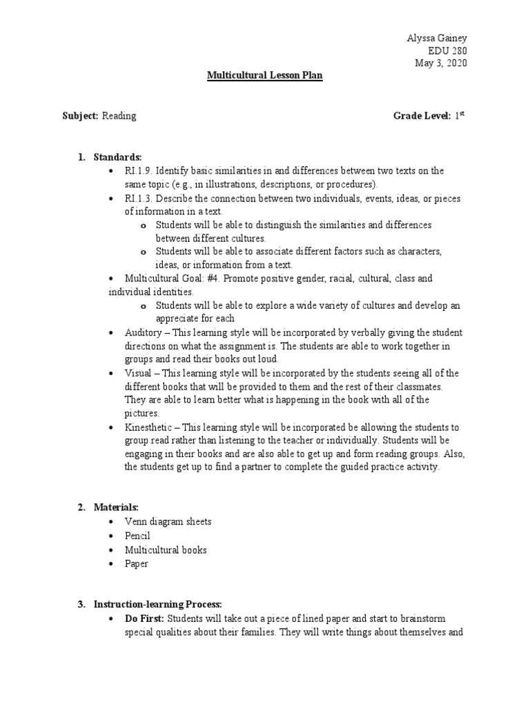 Artifact 2 Multicultural Lesson Plan Edu 280 | PDF | Learning Styles | Lesson Plan