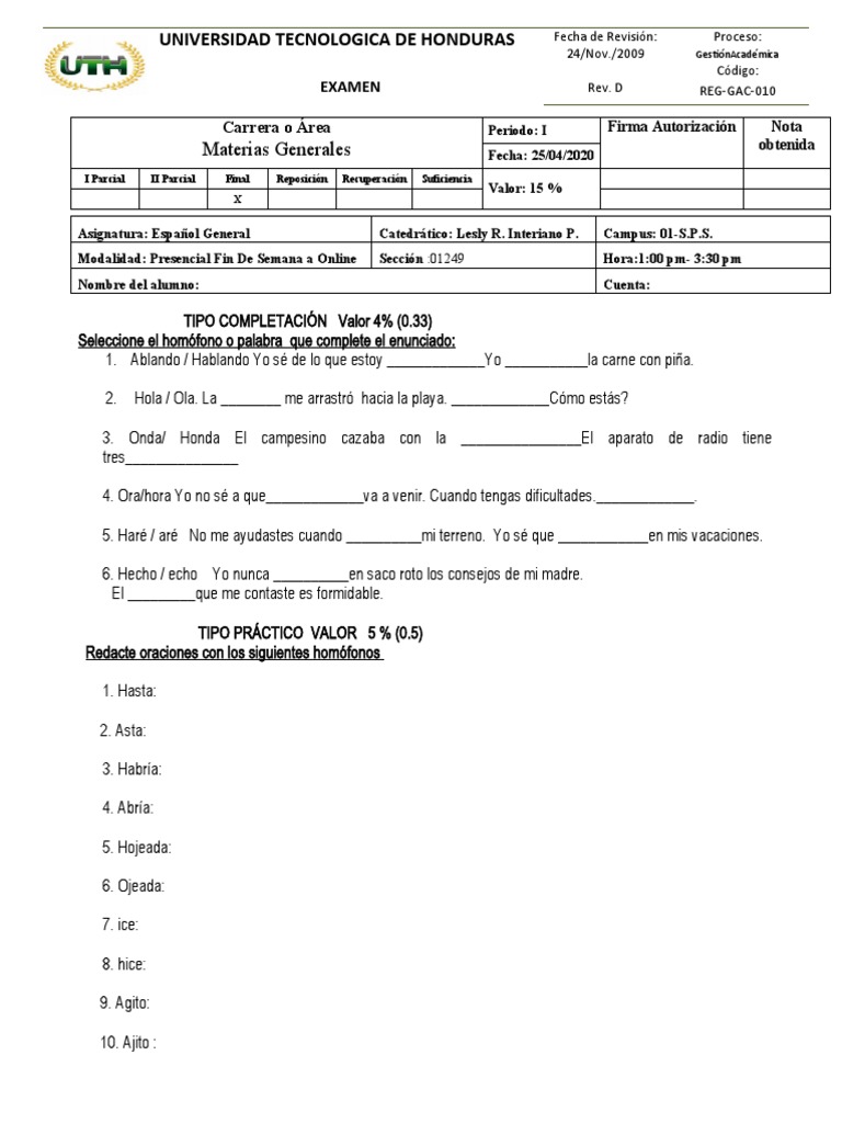 Examen Final de Español UIP | PDF