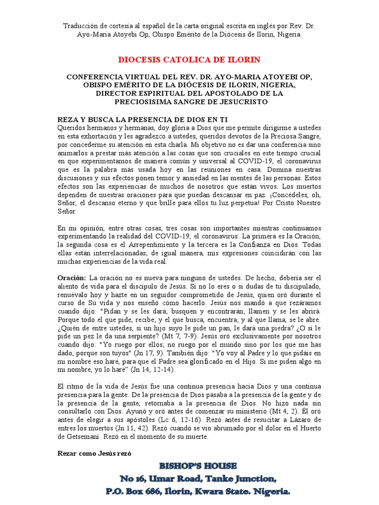 Trad Espanol Carta Monseñor Ayo Maria Atoyebi | PDF | Oración | Cristo ...