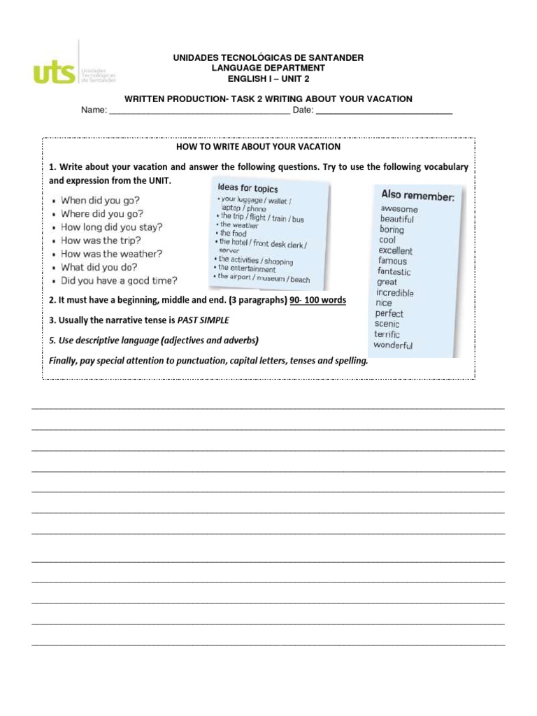 Writing Tasks - English 1 - Unit 2 - I - 2020 | PDF