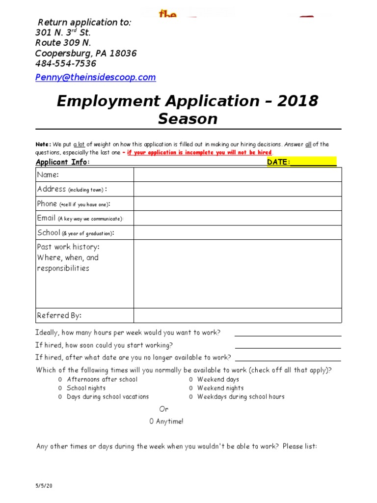 Employment Application - 2018 Season: Return Application To: 301 N. 3 ...