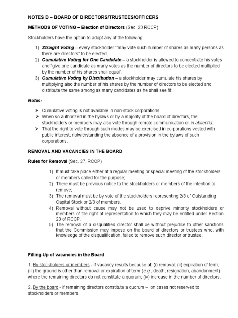 Notes D - Board of Directors/Trustees/Officers: METHODS OF VOTING ...
