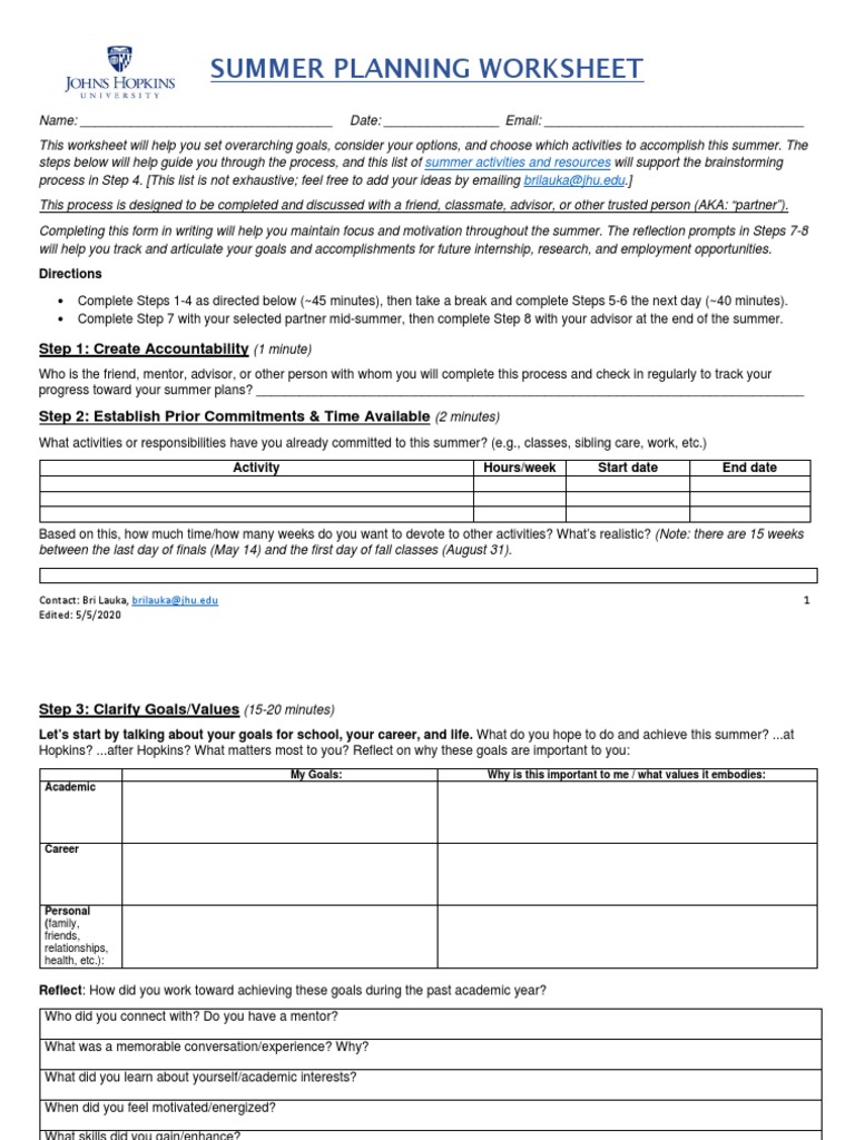 Summer Goals Planning Worksheet | PDF | Mentorship | Goal