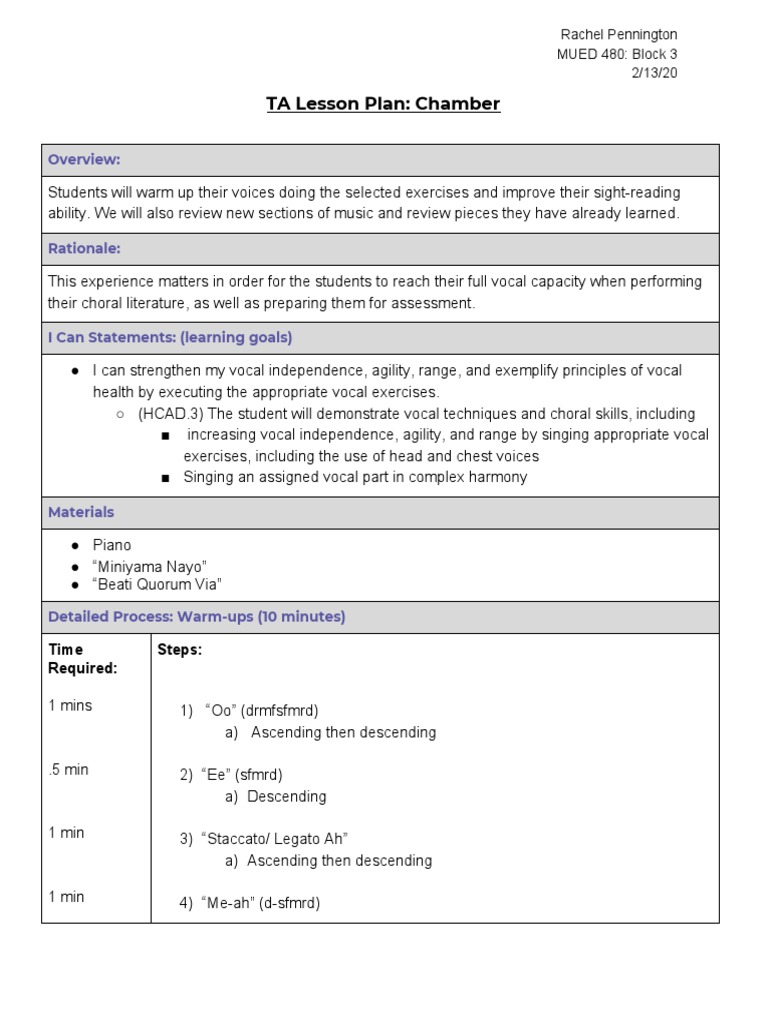 TA Lesson Plan: Chamber: Overview | PDF | Chord (Music) | Singing