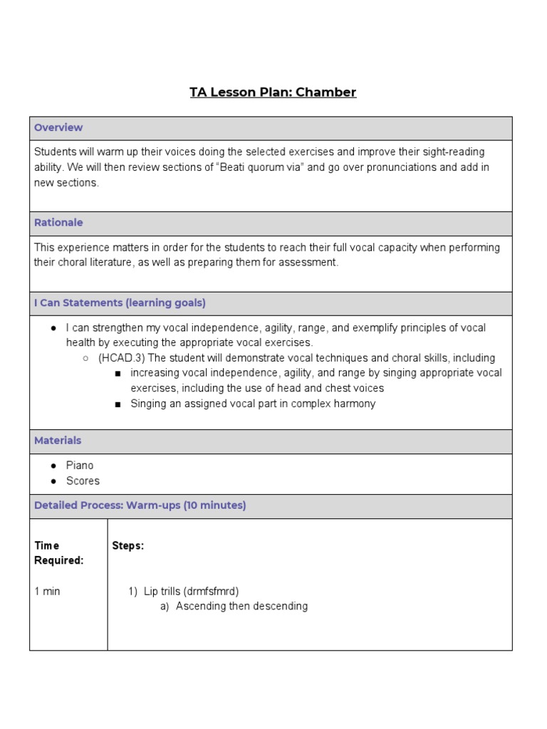 Chamber Music Lesson Plan Overview | PDF | Singing | Lesson Plan