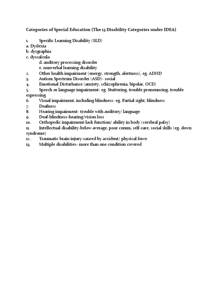 Categories of Special Education (The 13 Disability Categories Under ...