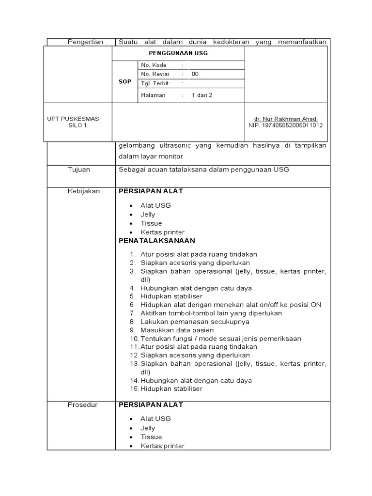 Sop Penggunaan Usg | PDF