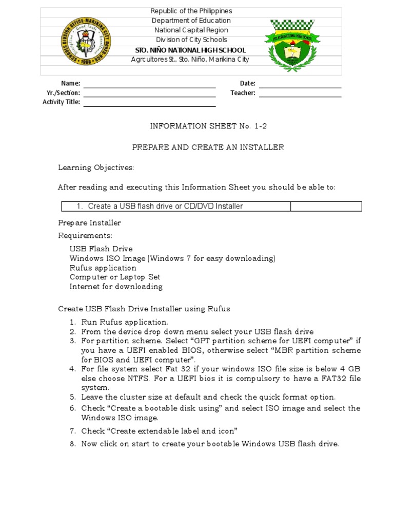 TLE ICT 10 - Prepare and Create An Installer - Activity Sheet | PDF | Booting | Usb Flash Drive