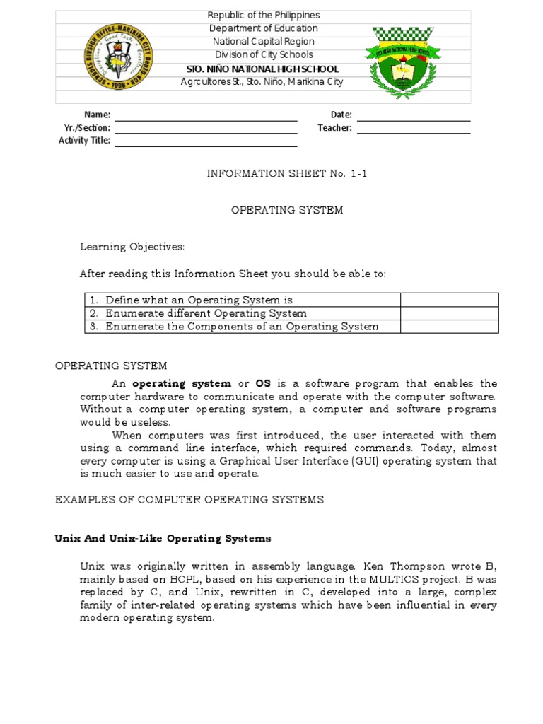 TLE ICT 10 - Operating System - Activity Sheet | PDF | Operating System ...
