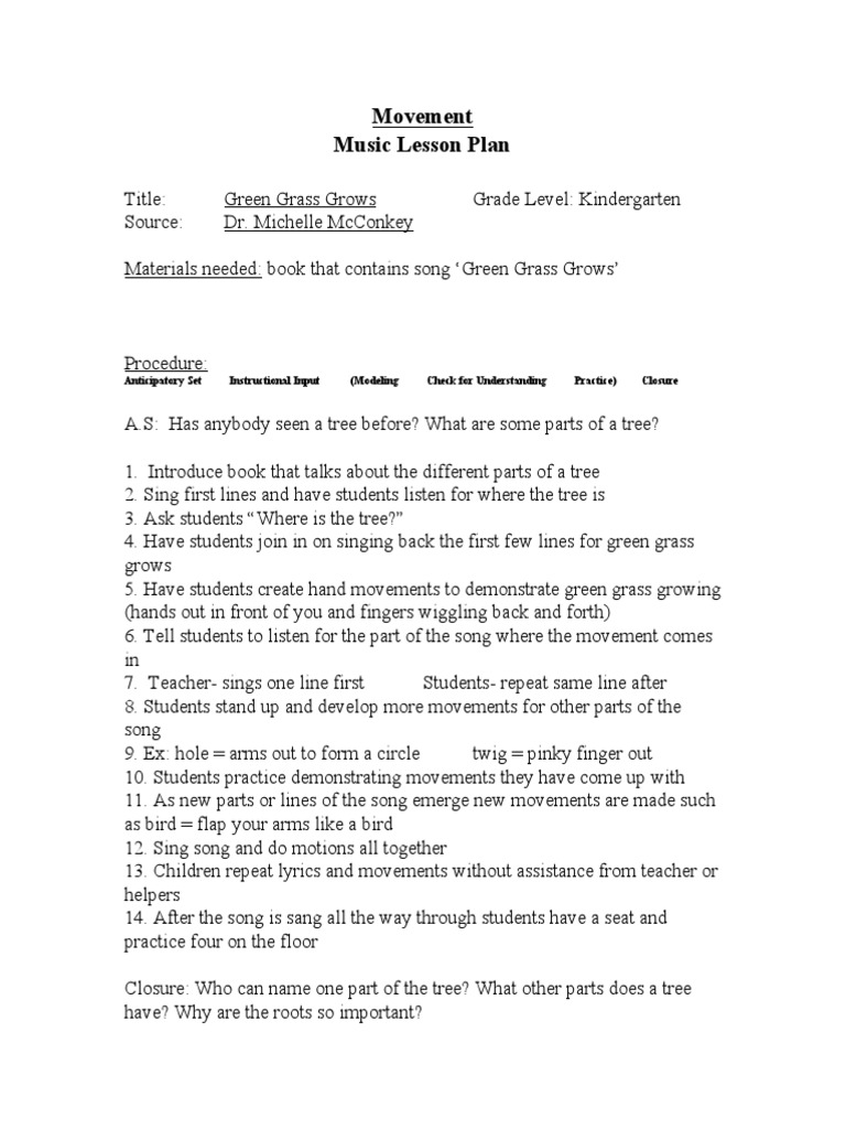 Movement Music Lesson Plan | PDF | Educational Psychology ...