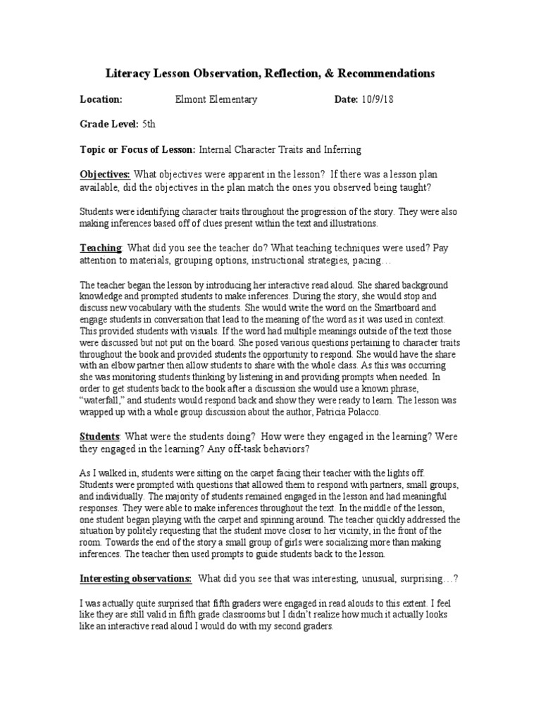 Literacy Lesson Observation, Reflection, & Recommendations: Elmont ...